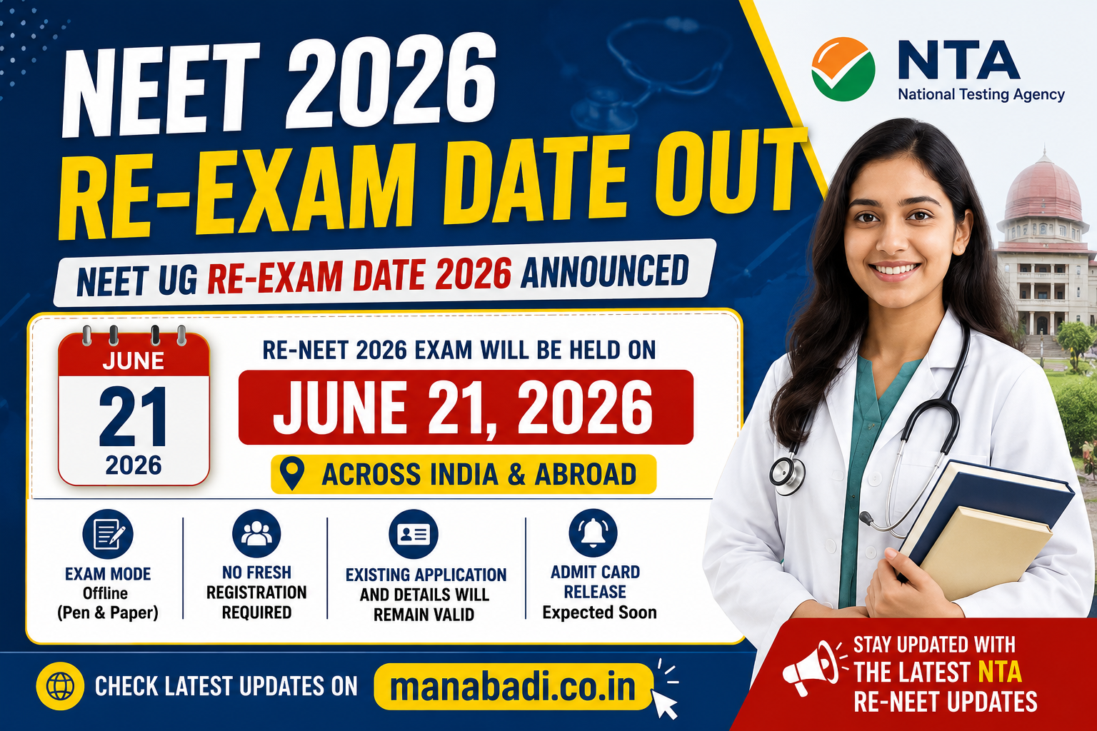 NEET 2026 Re-Exam Date Out: NEET UG Re-Exam Date 2026 Announced, Check ...
