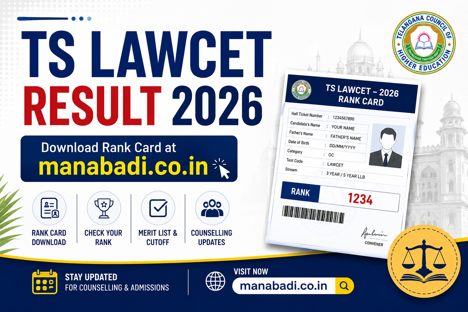 TS LAWCET Result 2026: Download Rank Card at manabadi.co.in